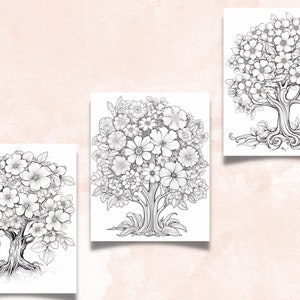50 Floral Tree Coloring Book, Printable Enchanted Fantasy Tree Coloring ...
