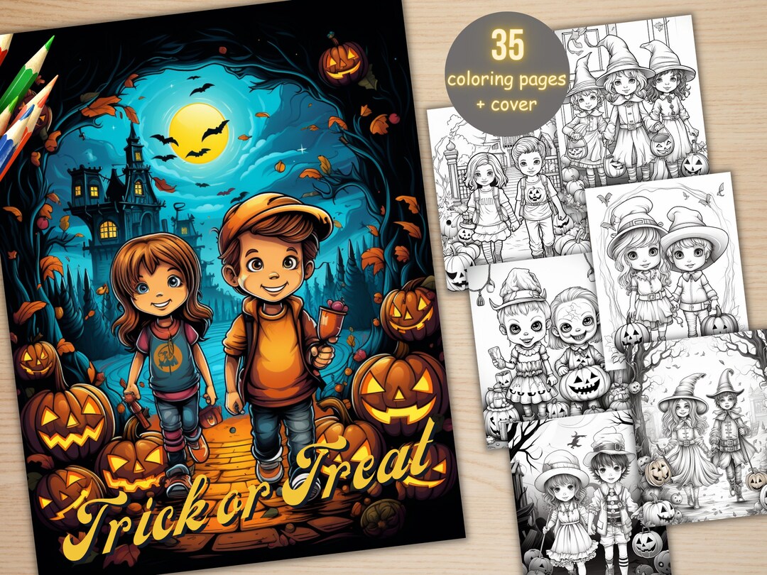 35 Trick or Treat Coloring Book, Printable Cute Creepy Pumpkin Witch ...