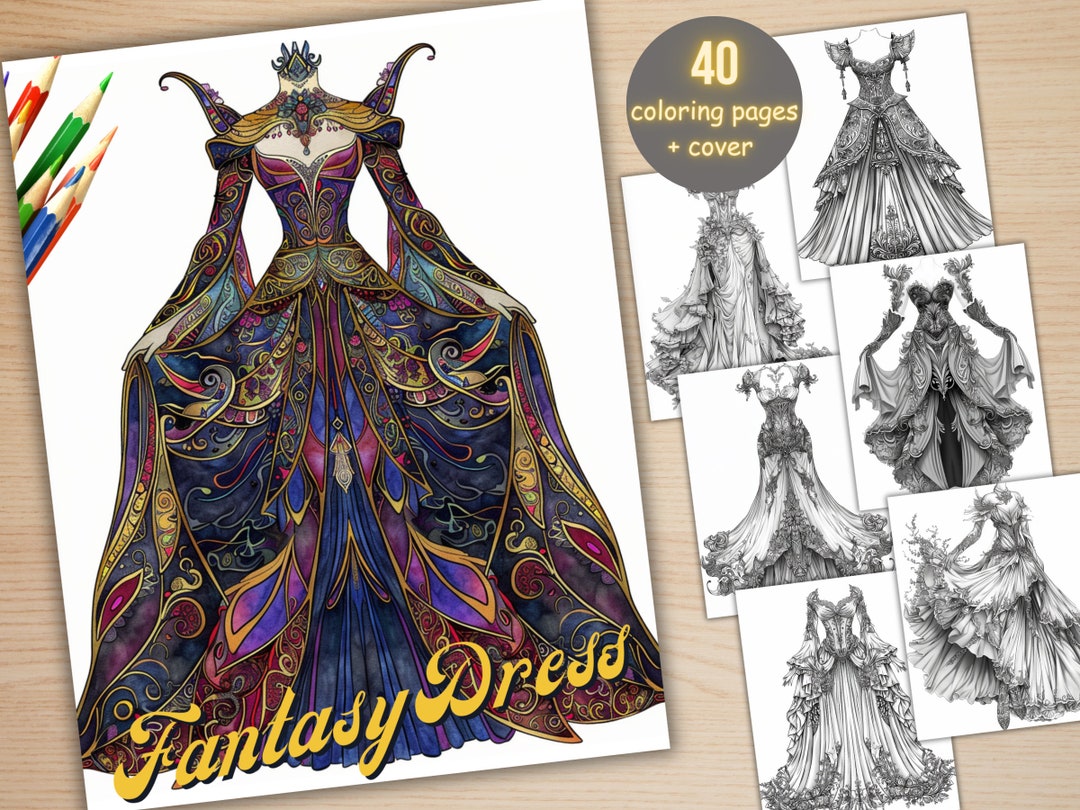 40 Fantasy Dress Coloring Book, Printable Gothic Fashion Dress Coloring ...