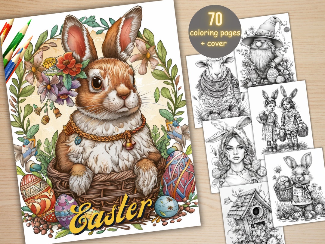 70 Easter Bundle Coloring Book, Printable Easter Bunny Scenes Coloring ...