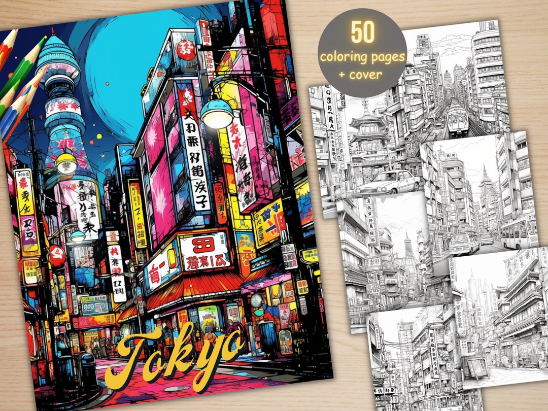 50 Tokyo City Coloring Book, Printable PDF, Japan Cafe Scenes Coloring ...