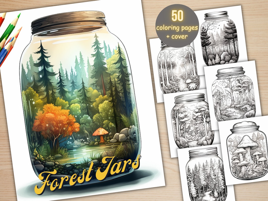 50 Enchanted Forest Jars Coloring Book, Printable Magical Forest ...