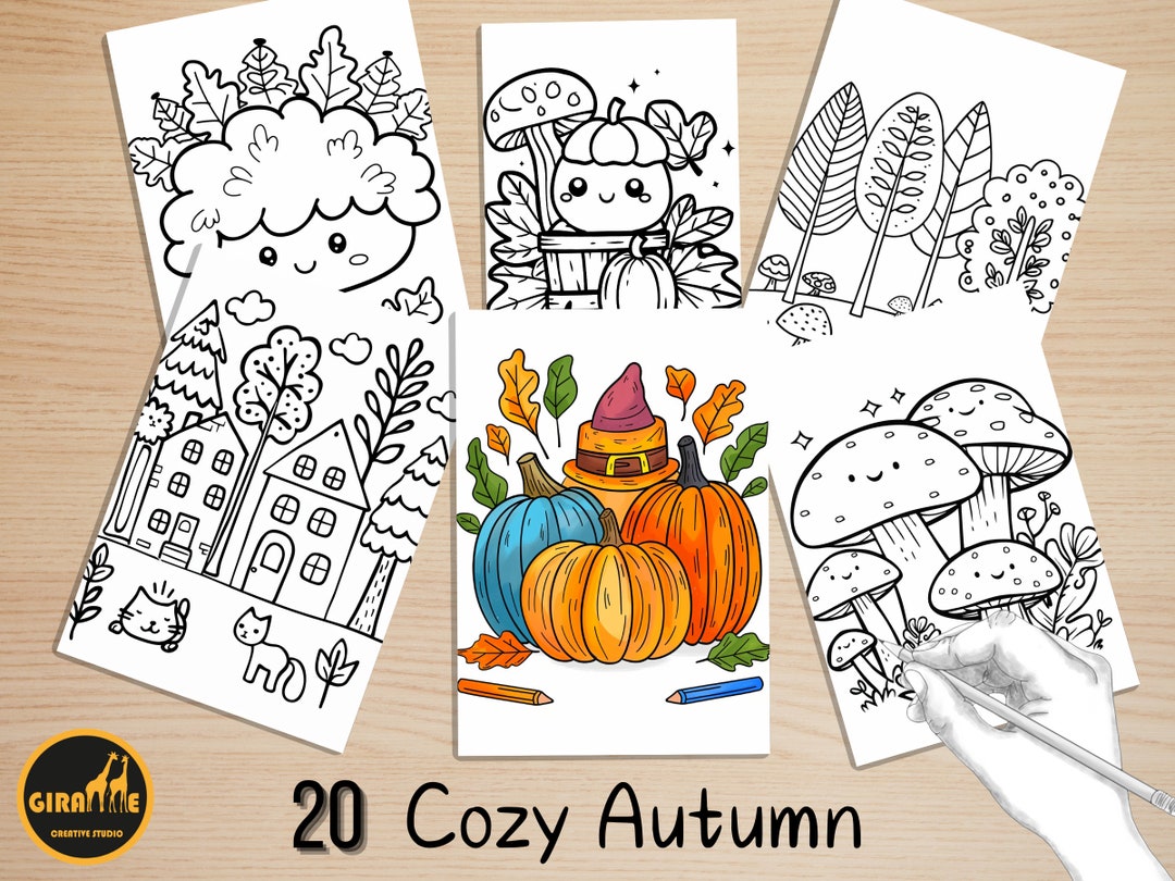 Bold and Easy Coloring Book, Cozy Kawaii Autumn Scenes Coloring Pages ...