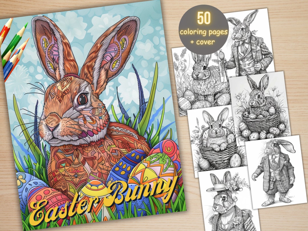 50 Easter Bunny Coloring Book, Printable Easter Rabbit Scenes Coloring ...
