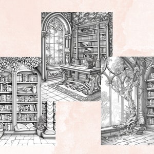 45 Enchanted Library Coloring Book, Printable Fantasy Library Interior ...