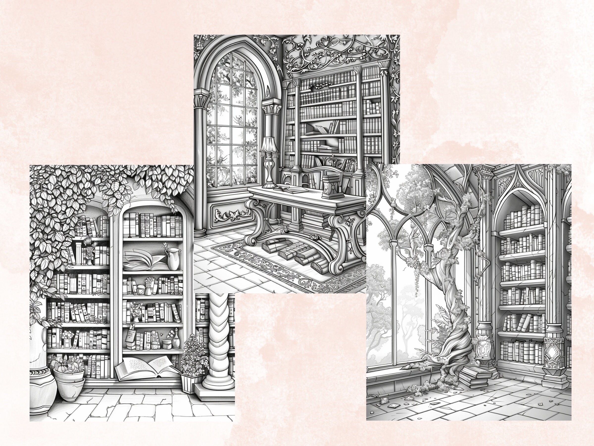 45 Enchanted Library Coloring Book, Printable Fantasy Library Interior ...