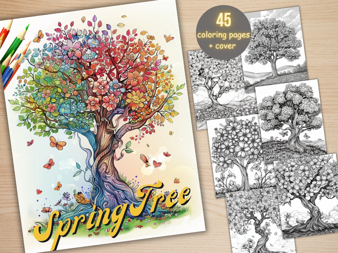 45 Spring Tree Coloring Book, Printable Floral Woodland Tree Coloring ...