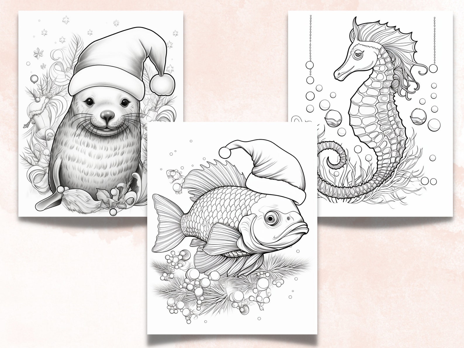 65 Christmas Underwater Coloring Book, Printable Xmas Noel Under the ...