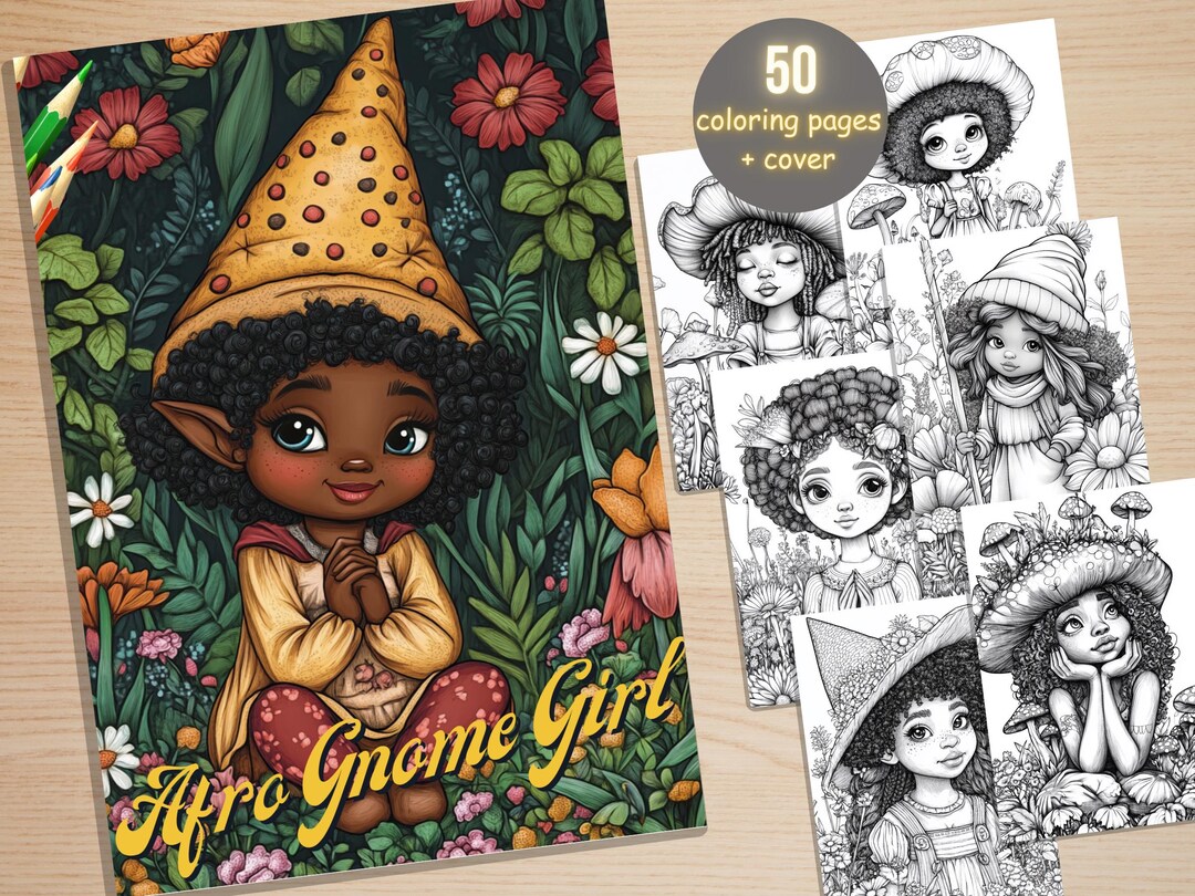 50 Black Afro Gnome Girl Coloring Book, Afro African Garden Gnome ...