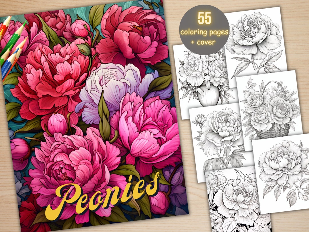 55 Peony Flowers Coloring Book, Printable PDF, Botanical Floral Plant ...