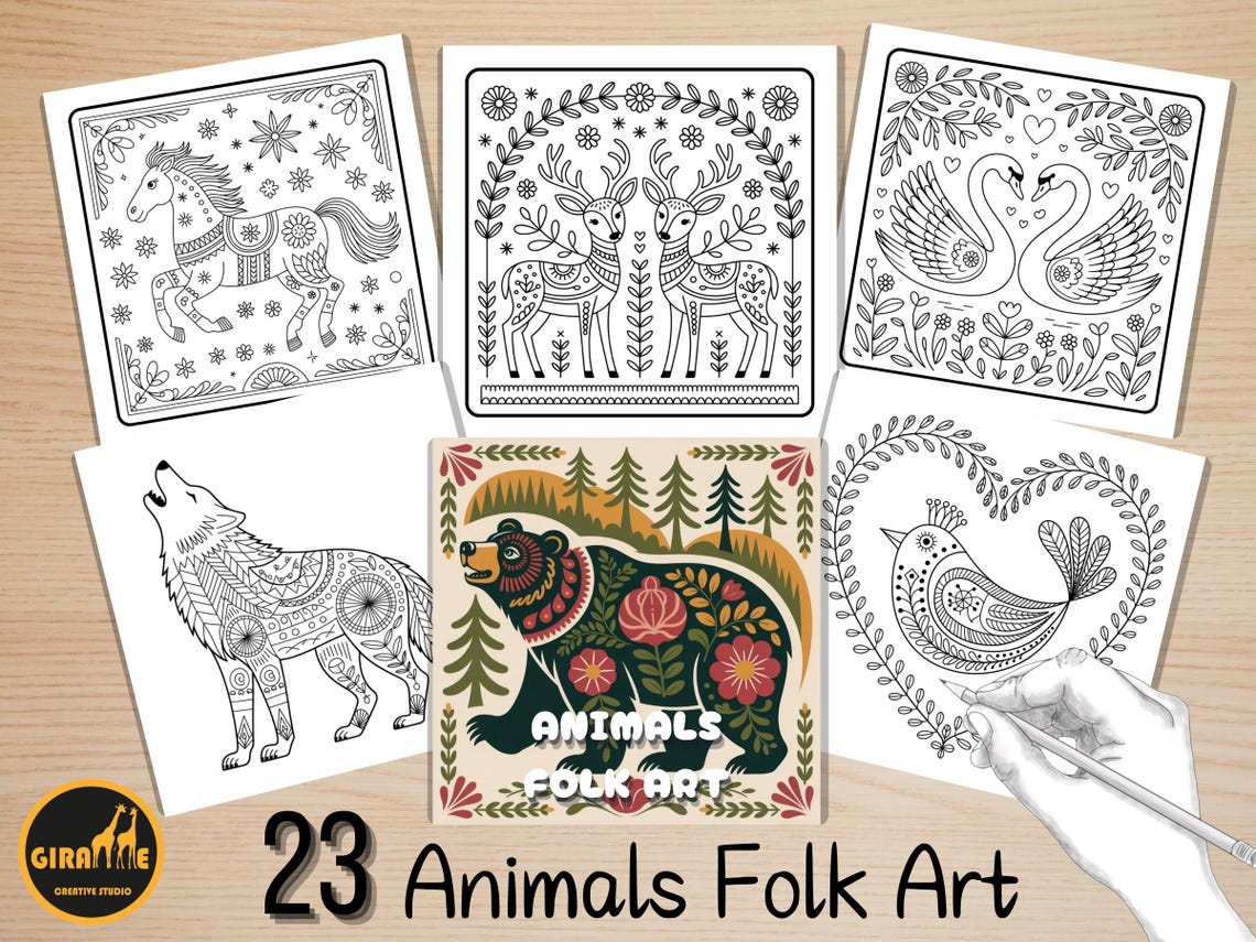 23 Animals Folk Art Coloring Pages, Scandinavian Nordic Animal Coloring ...