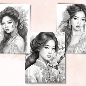 40 Asian Beauties Coloring Book, Printable Japanese Woman Coloring ...