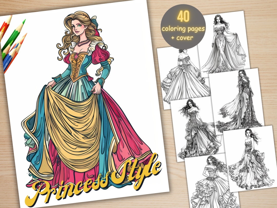 40 Princess Style Coloring Book, Printable PDF, Fairytale Fashion Women ...