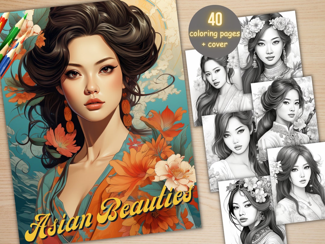 40 Asian Beauties Coloring Book, Printable Japanese Woman Coloring ...