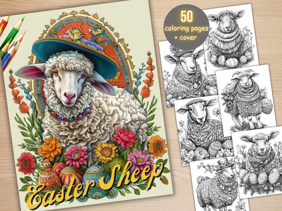 50 Easter Sheep Coloring Book, Printable Easter Lamb Scenes Coloring ...