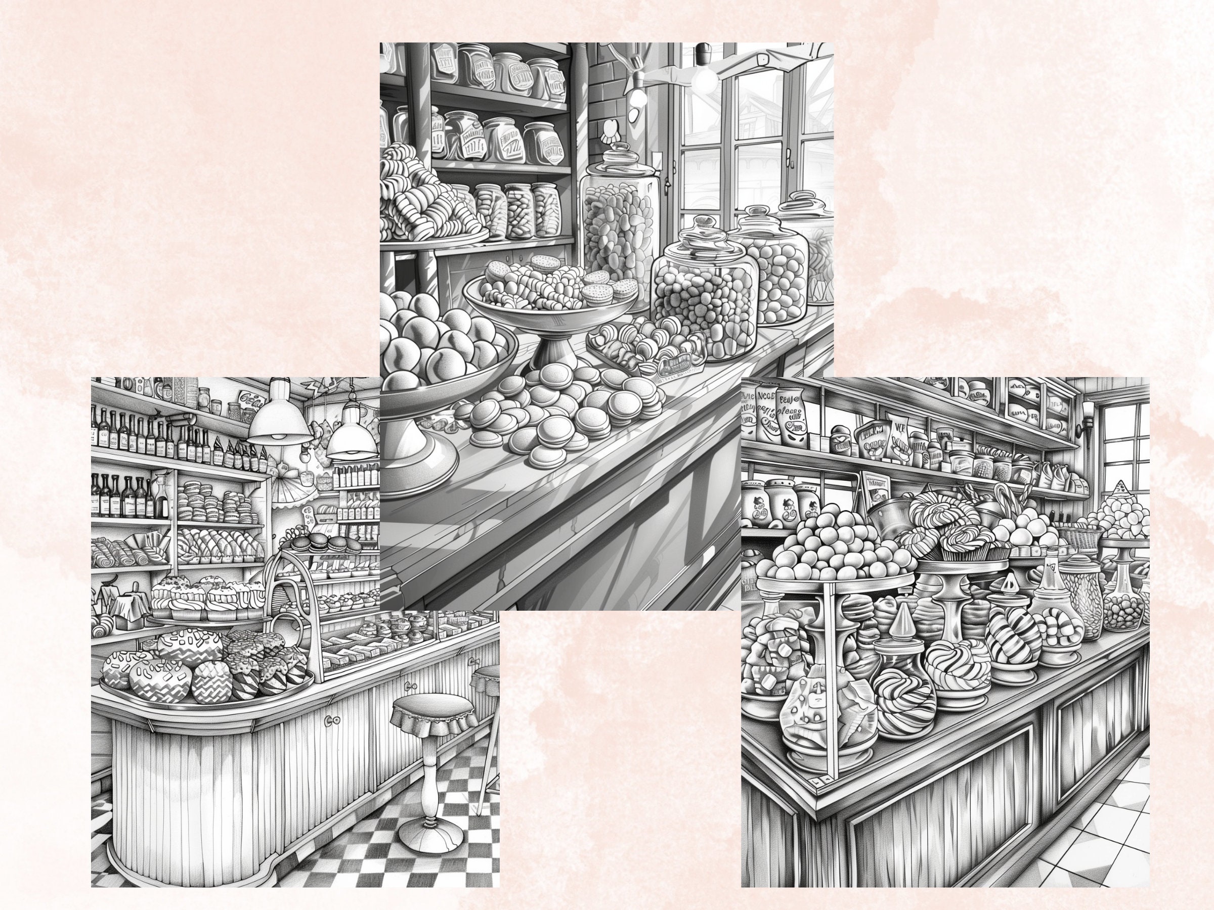 50 Candy Shop Scenes Coloring Book, Printable Candy Storefront Coloring ...