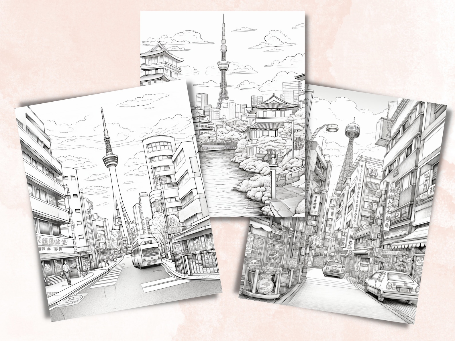 50 Tokyo City Coloring Book, Printable PDF, Japan Cafe Scenes Coloring ...