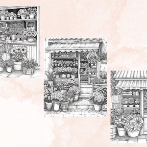 70 Flower Shop Scenes Coloring Book, Printable Flower Storefront ...