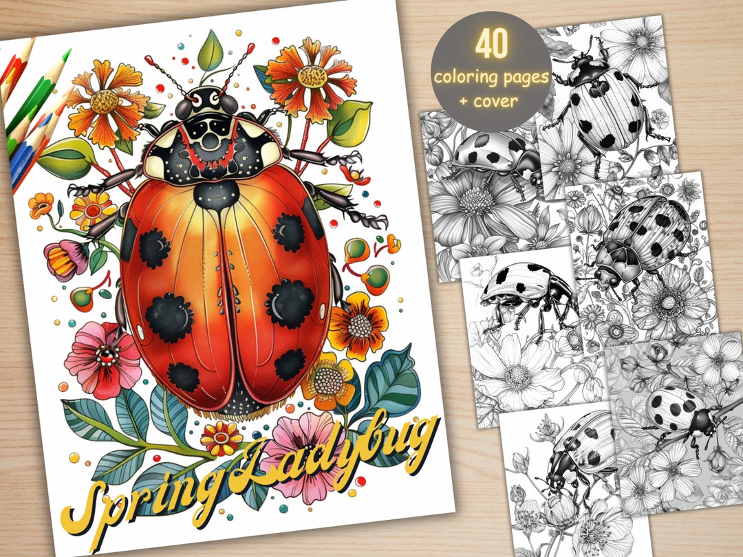 40 Spring Ladybugs Coloring Book, Printable Floral Ladybirds Coloring ...