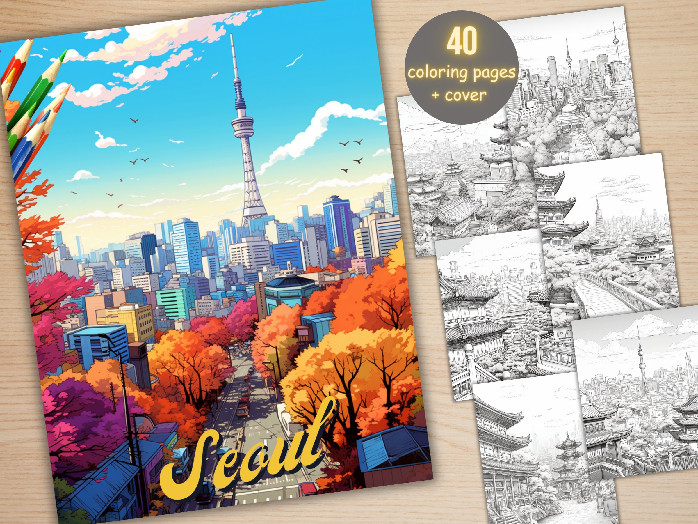40 Seoul City Coloring Book, Printable PDF, Korean Cafe Scenes Coloring ...
