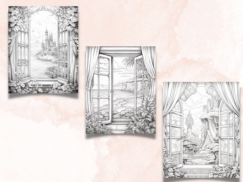 27 Fantasy Open Windows Views Coloring Book Printable PDF - Etsy