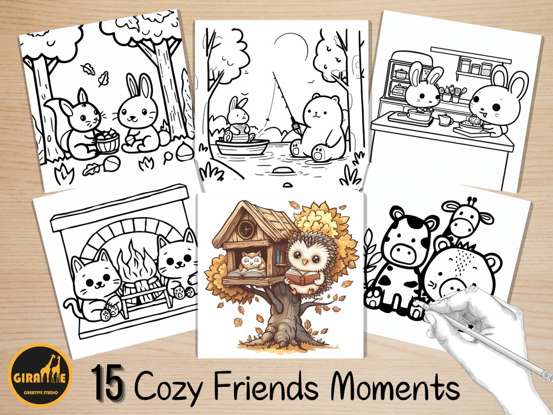 Bold and Easy Coloring Book, Cozy Friends Moments Coloring Pages, Cute ...