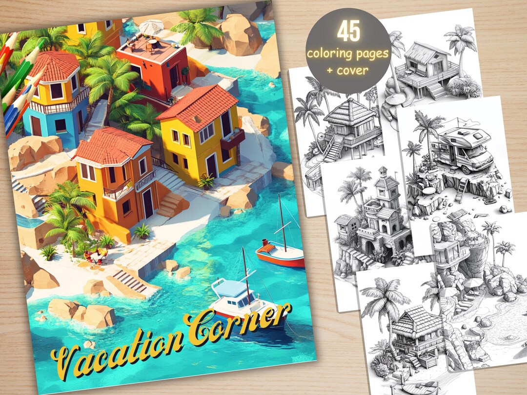 45 Vacation Corner Coloring Book, Printable Cute Summer Beach Coloring ...