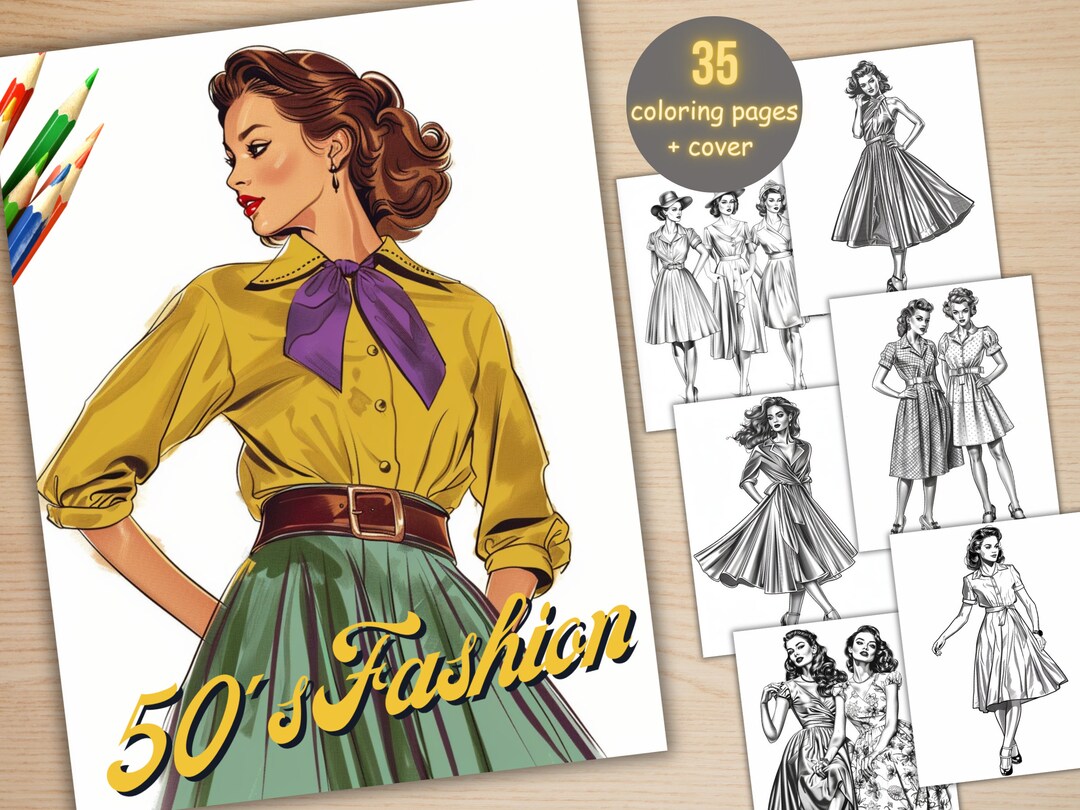 50's Fashion Style Coloring Book, Printable PDF, Vintage Fashion Women ...