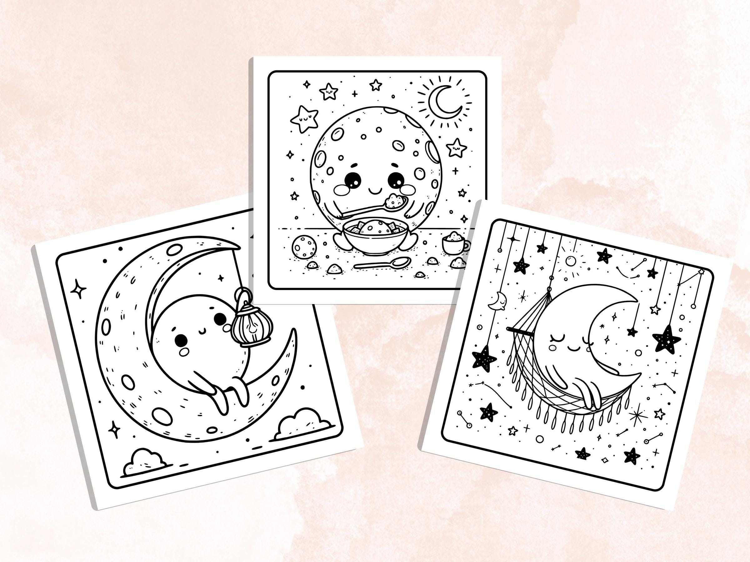 Bold and Easy Coloring Book, Cute Cozy Moon Coloring Pages, Kawaii ...