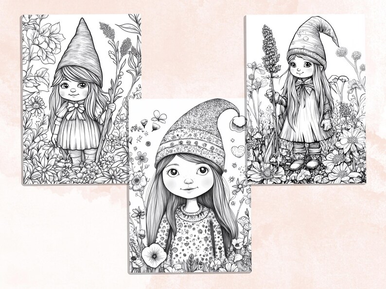 35 Garden Gnome Girl Coloring Book, Printable Floral Cute Gnomes ...