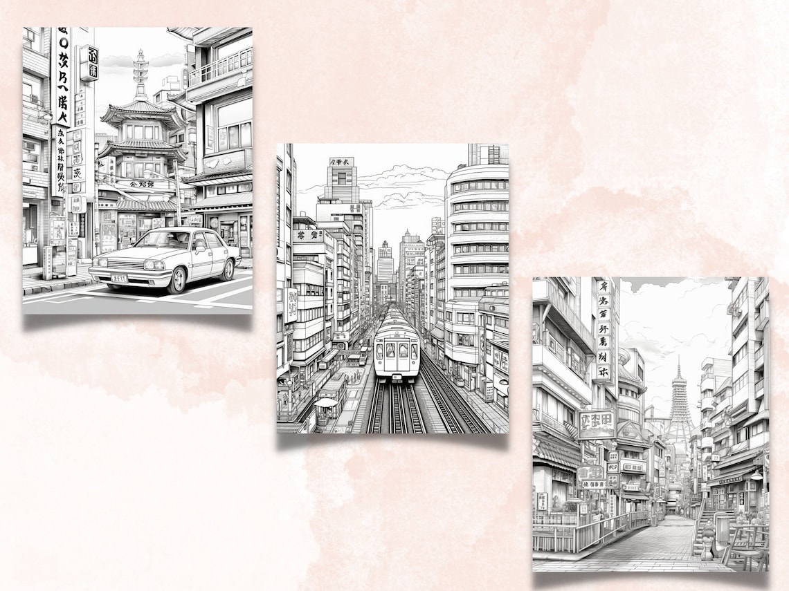 50 Tokyo City Coloring Book, Printable PDF, Japan Cafe Scenes Coloring ...