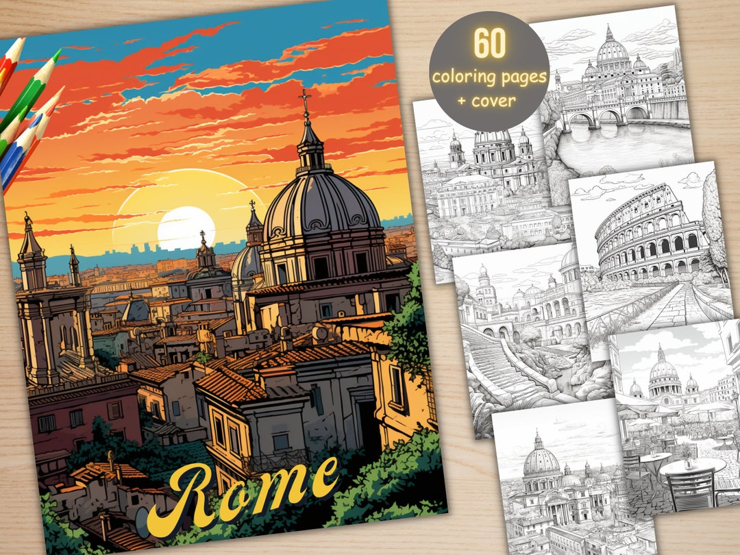 60 Rome City Coloring Book, Printable PDF, Italy Cafe Scenes Coloring ...