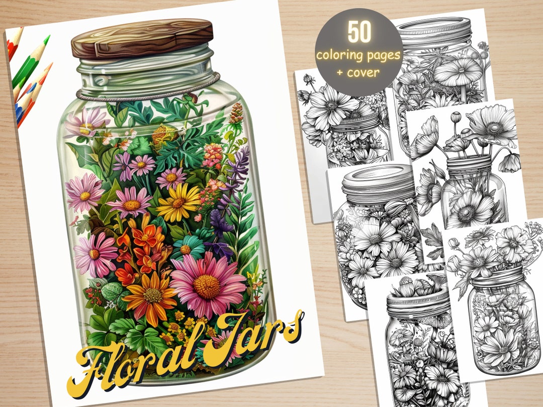 50 Enchanted Floral Jars Coloring Book, Printable Magical Flower ...