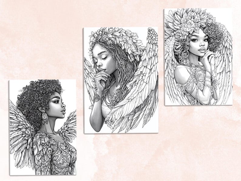 25 Afro Black Angel Women Coloring Book, Afro African Angels Coloring ...