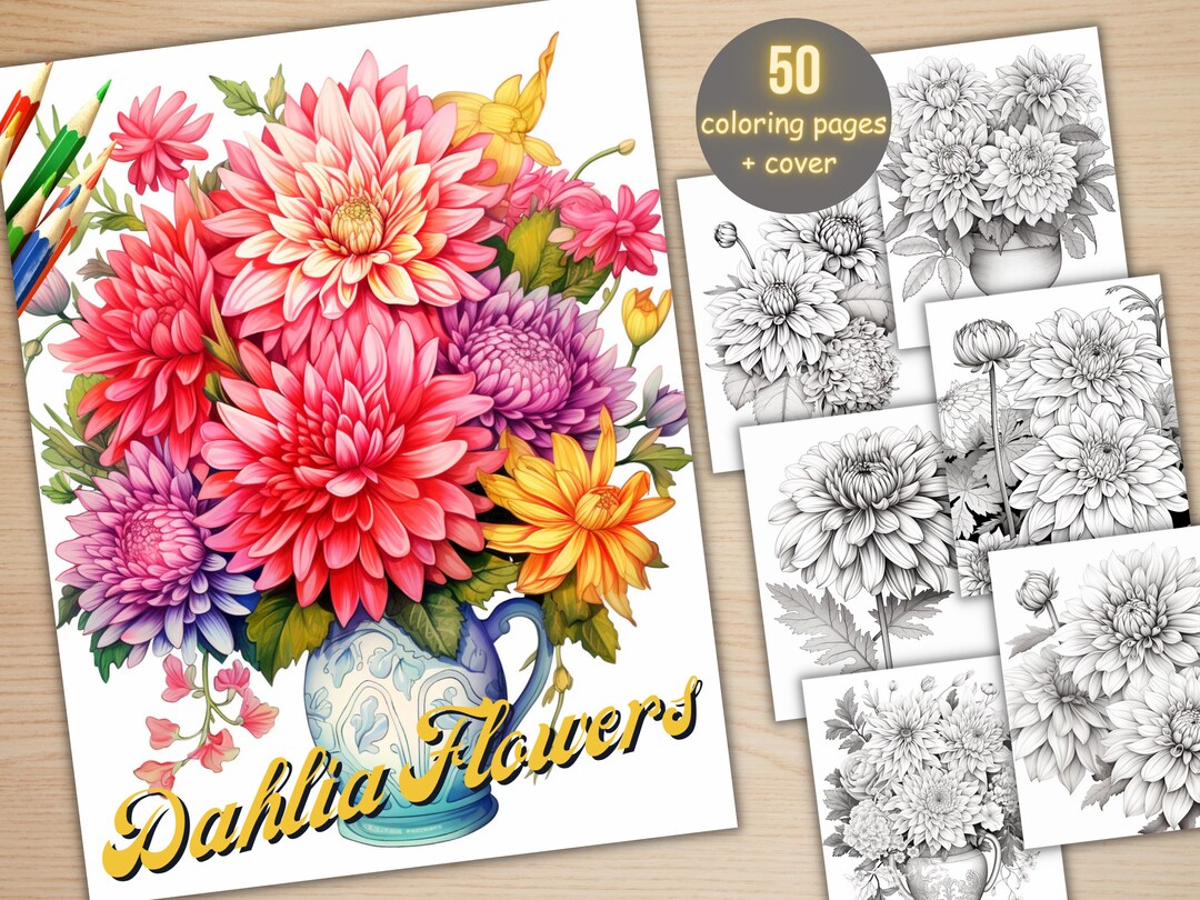 50 Dahlia Flowers Coloring Book, Printable PDF, Botanical Floral Plant ...
