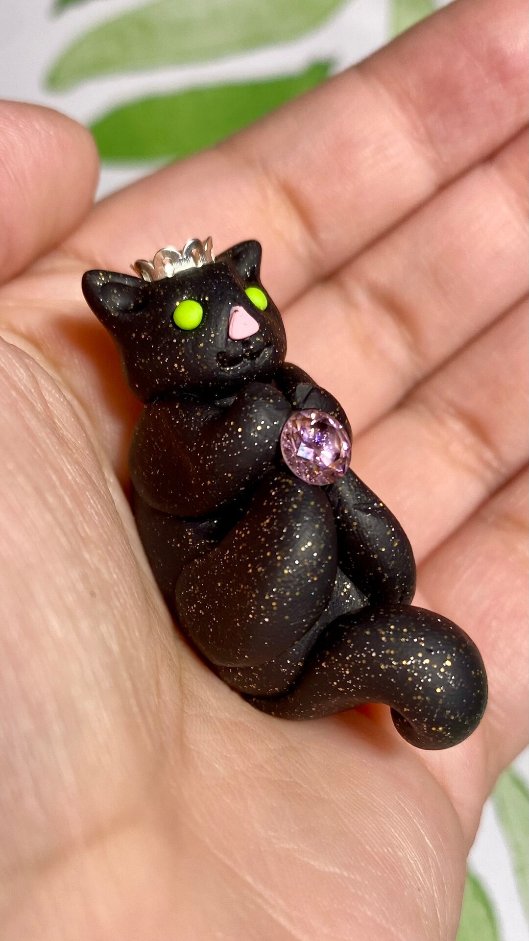 Miniature Polymer Clay Black Cat W/ Crown and Pink Gemstone - Etsy