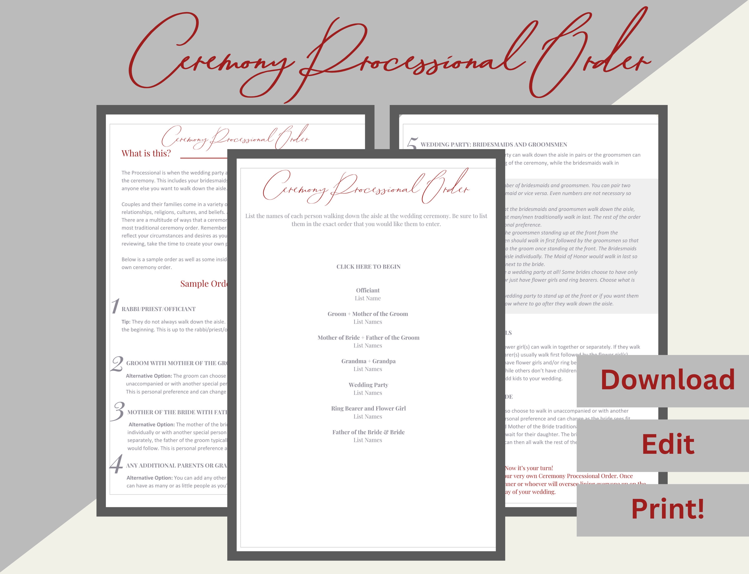 Wedding Ceremony Processional Order Template - Etsy