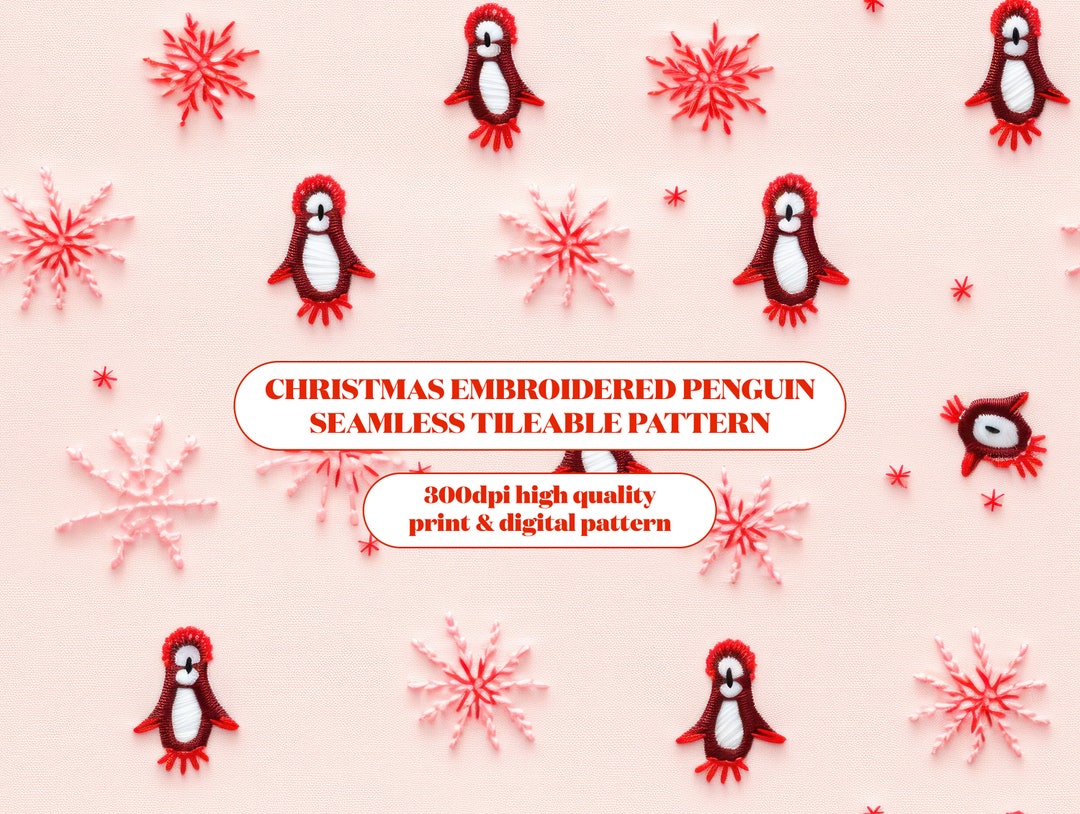 Embroidered Pink Christmas Penguins Scandi Seamless Pattern - Etsy