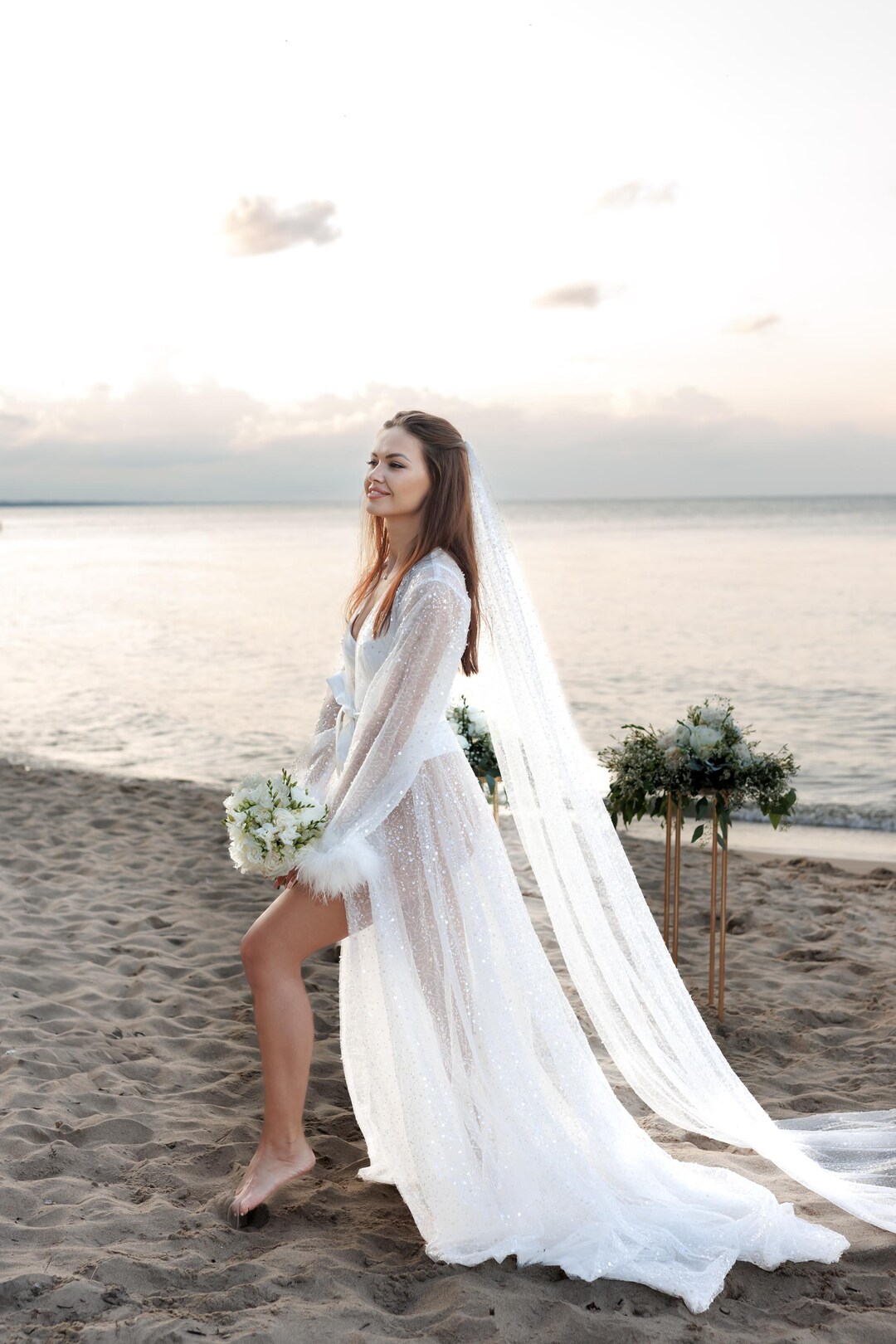 Bridal Robe, Wedding Bride Robe, Tulle Robe, Luminous Lace & Glitter ...