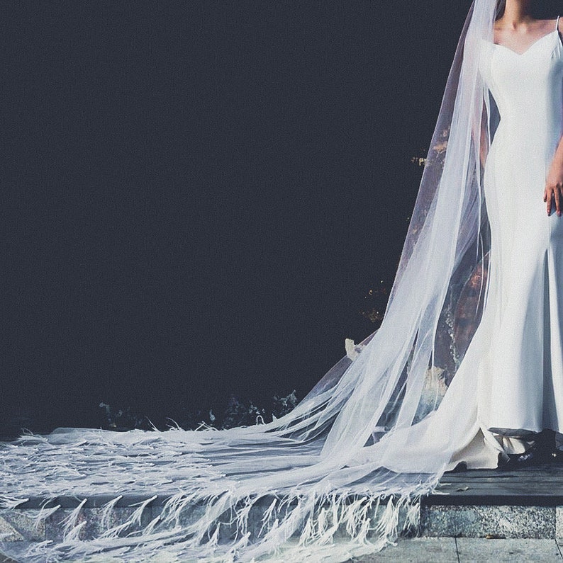 Bridal Veil, Wedding Veil With Feathers, Cathedral Wedding Veil, Bride ...