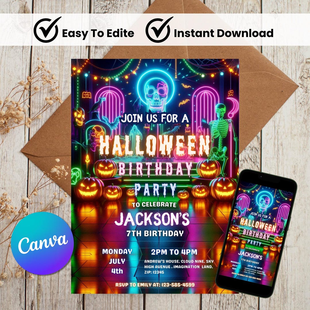 Halloween Neon Birthday Party Invitation, Printable Neon Halloween ...