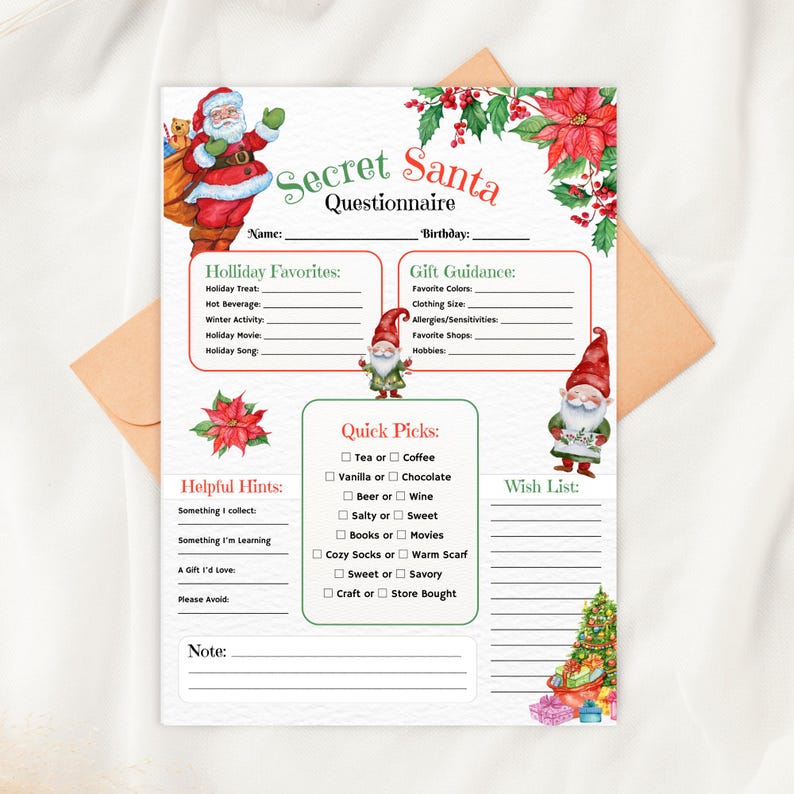 Secret Santa Questionnaire Printable, Secret Santa Wish List, Secret Santa Editable Template ...