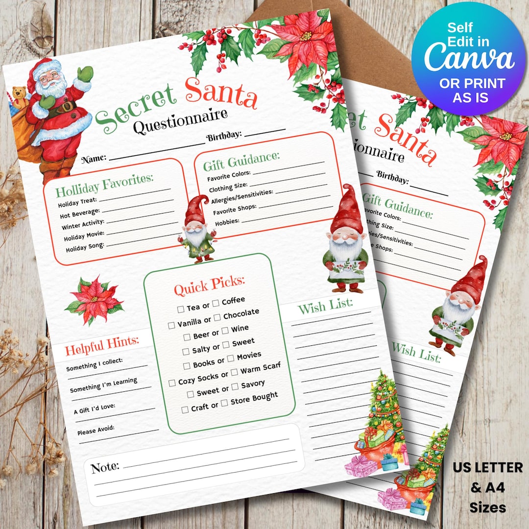 Secret Santa Questionnaire Printable, Secret Santa Wish List, Secret ...