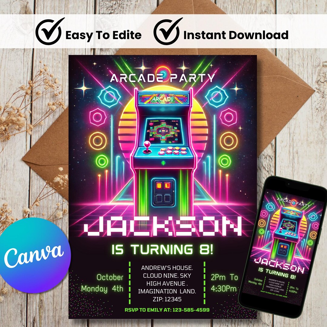 Arcade Birthday Invitation Template, Arcade Bday Invitation, Neon Glow ...