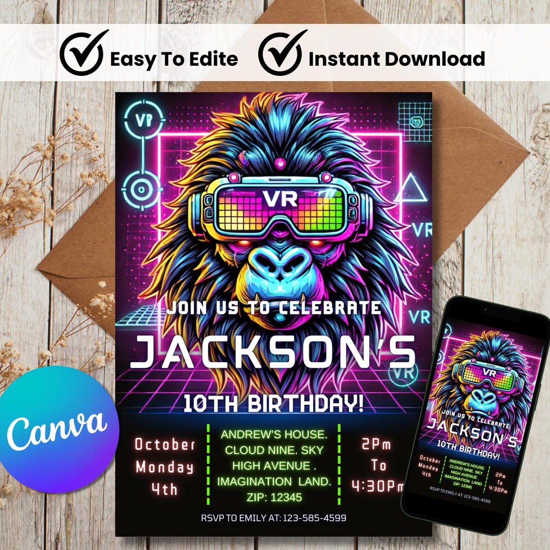 Gorilla VR Birthday Invitation, VR Birthday Evit, Tag Birthday, Gorilla ...
