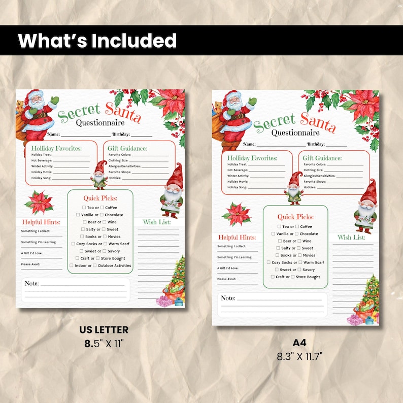 Secret Santa Questionnaire Printable, Secret Santa Wish List, Secret ...