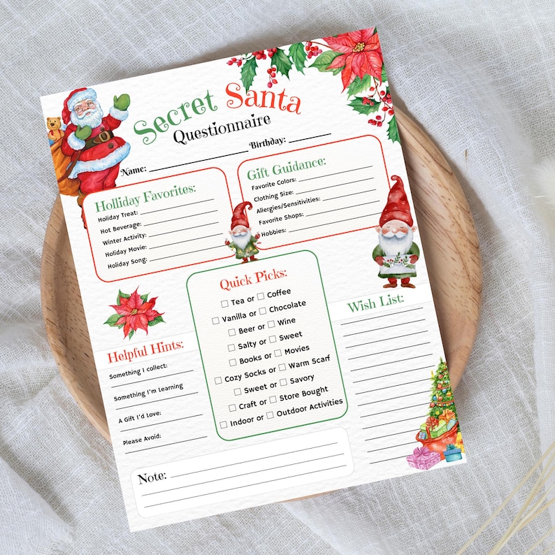 Secret Santa Questionnaire Printable, Secret Santa Wish List, Secret ...