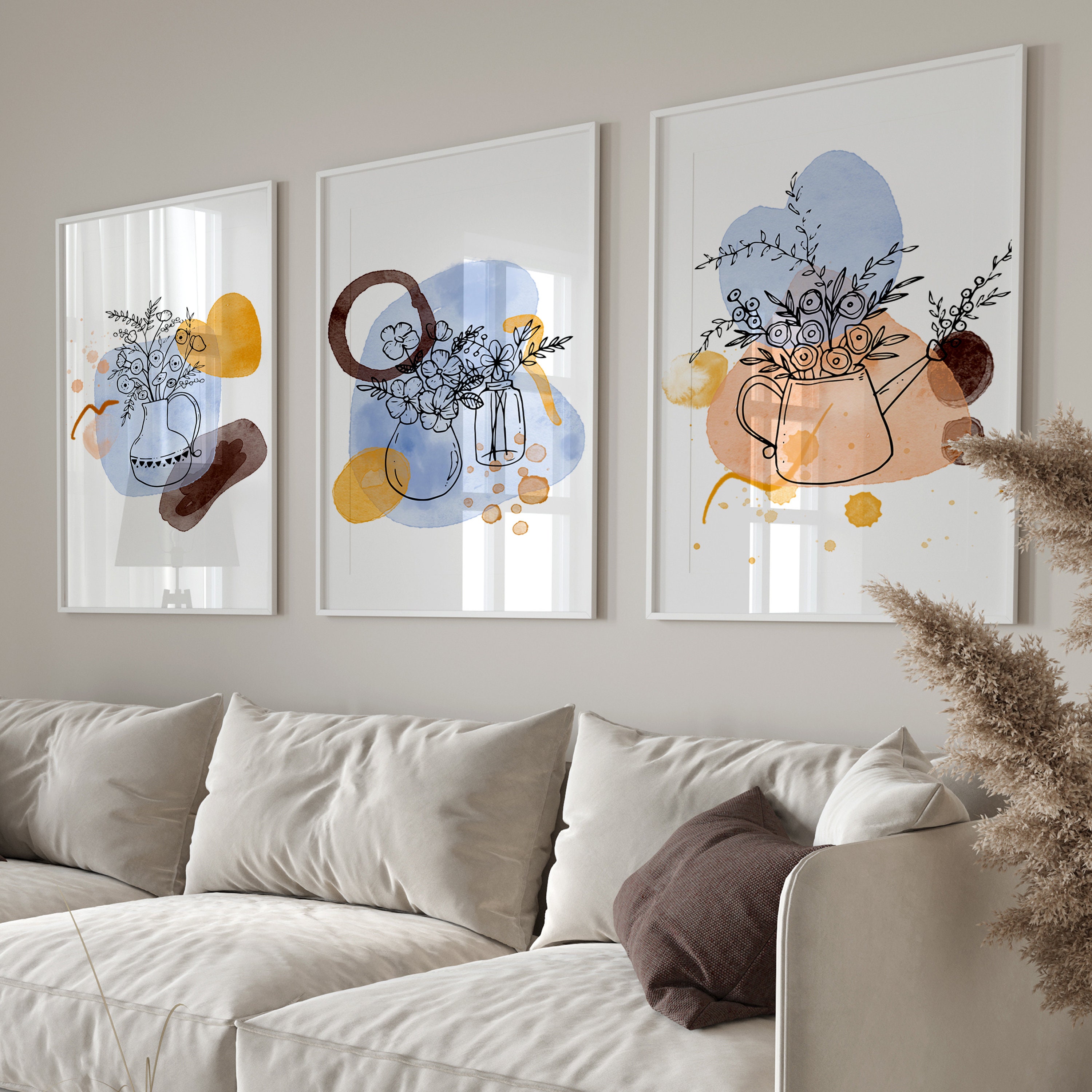 Watercolor Floral Trio Curved Objects, Vibrant Blooms, Artistic Vases ...