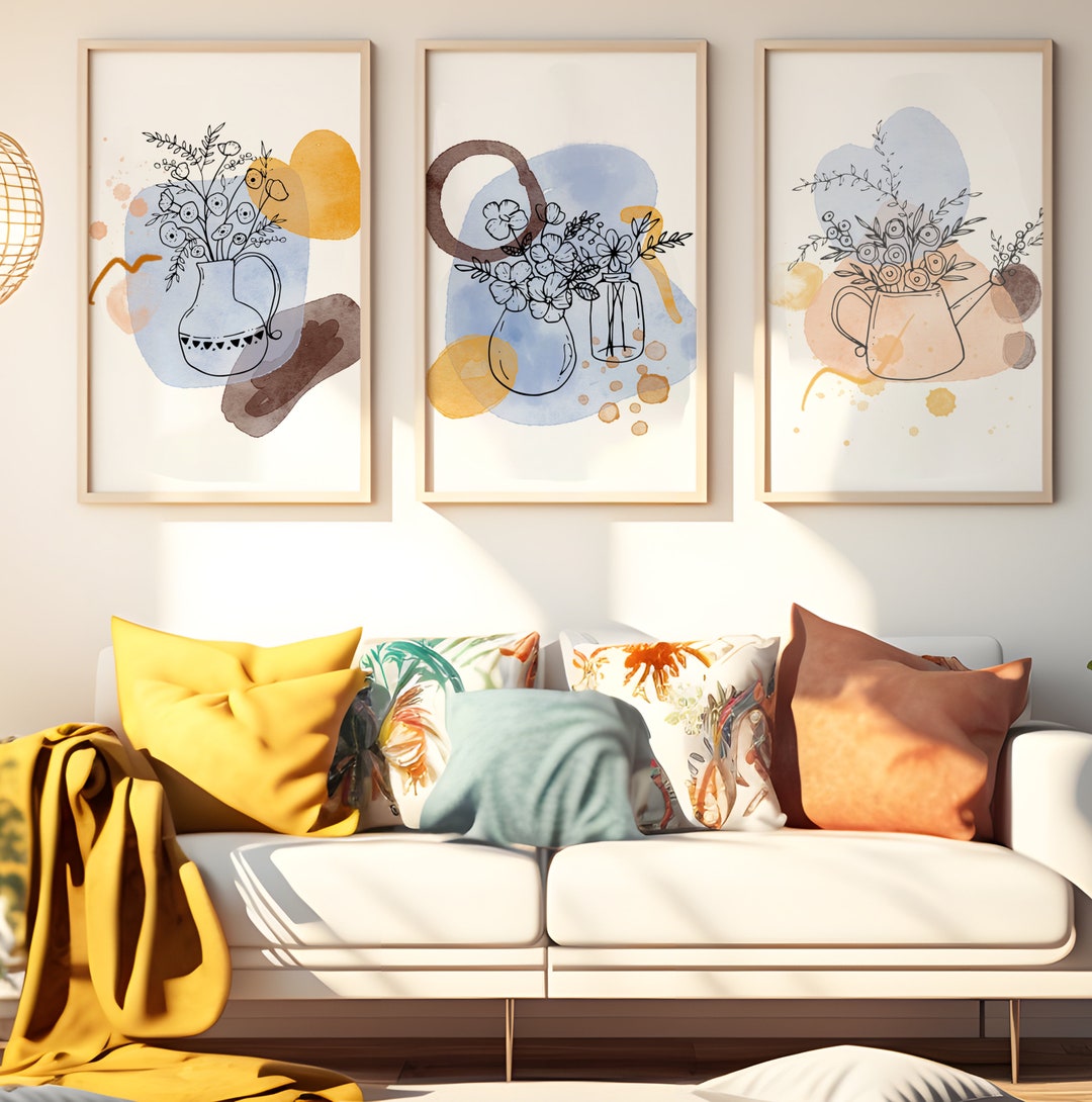 Watercolor Floral Trio Curved Objects, Vibrant Blooms, Artistic Vases ...