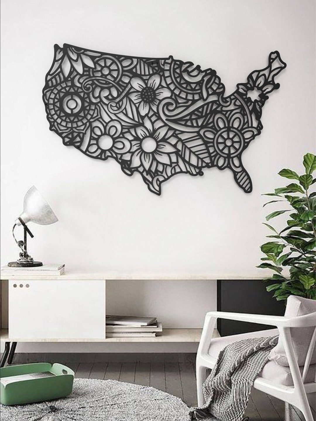 USA Map With Floral Pattern, States of America Map, Metal USA Map ...